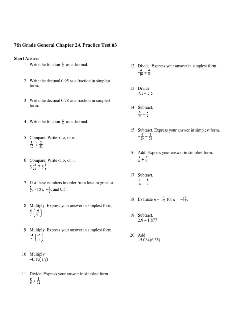 7th Grade Math Practice Test Answers | PDF