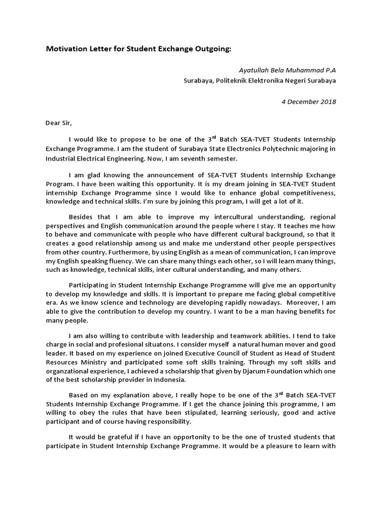 Motivation Letter To Student Internship Exchange | PDF | Leadership ...