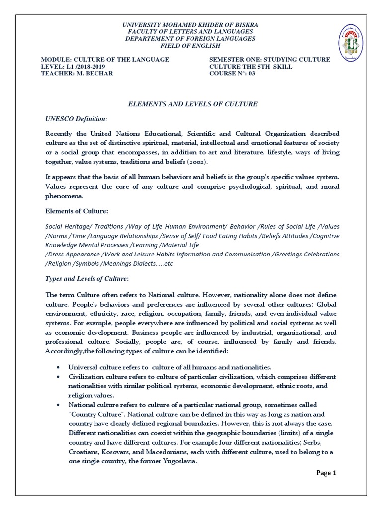 Elements and Levels of Culture UNESCO Definition | PDF | Value (Ethics ...