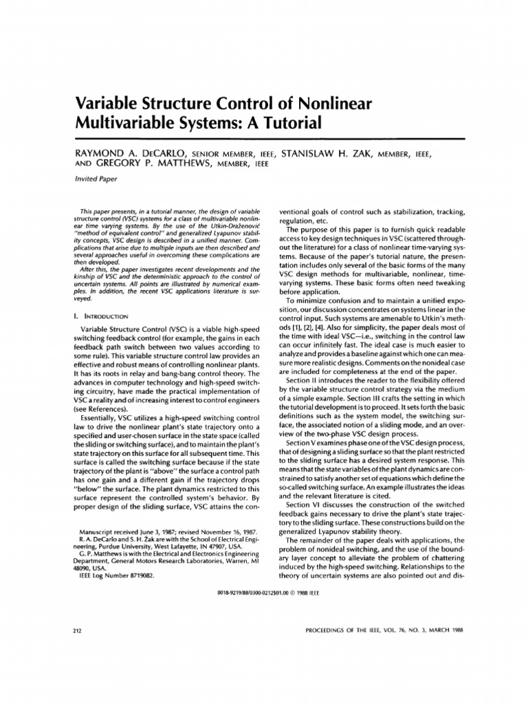 Variable Structure Control Nonlinear Multivariable Systems: Tutorial | PDF | Control Theory ...