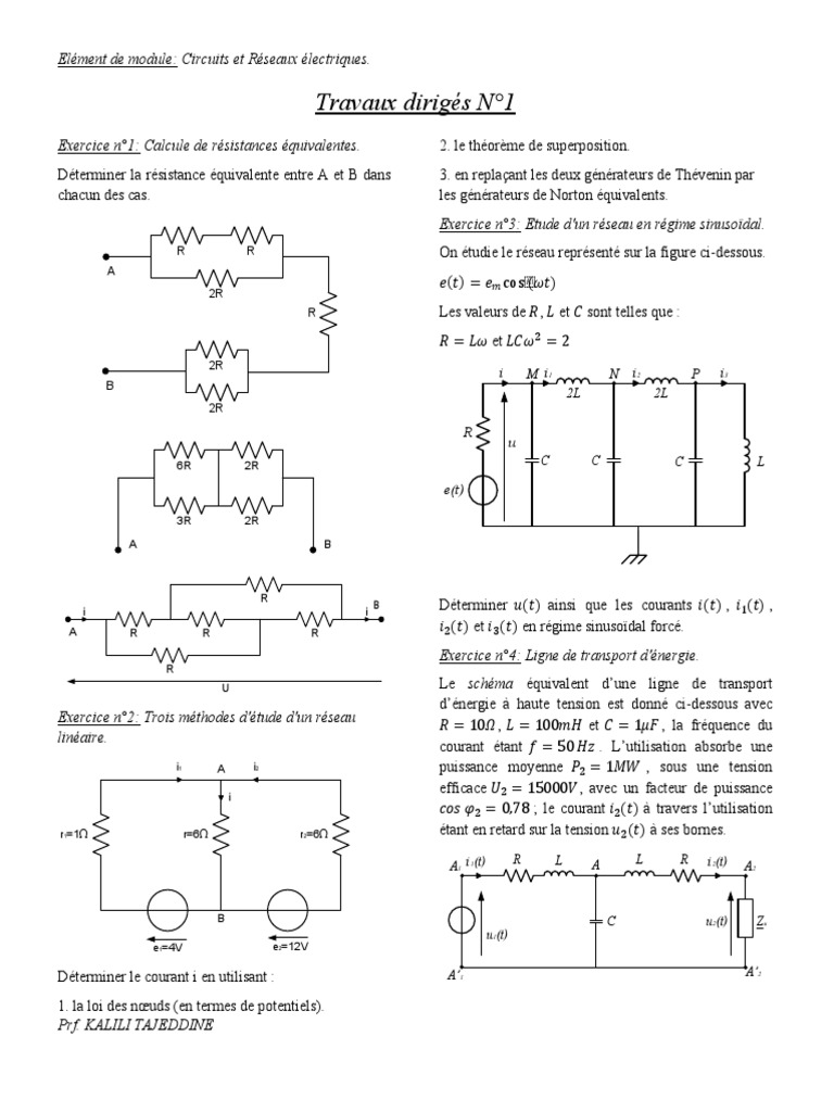 TD N°1 Elément de Module Circuits Et Réseaux Électriques. | PDF | Champ magnétique | Puissance ...