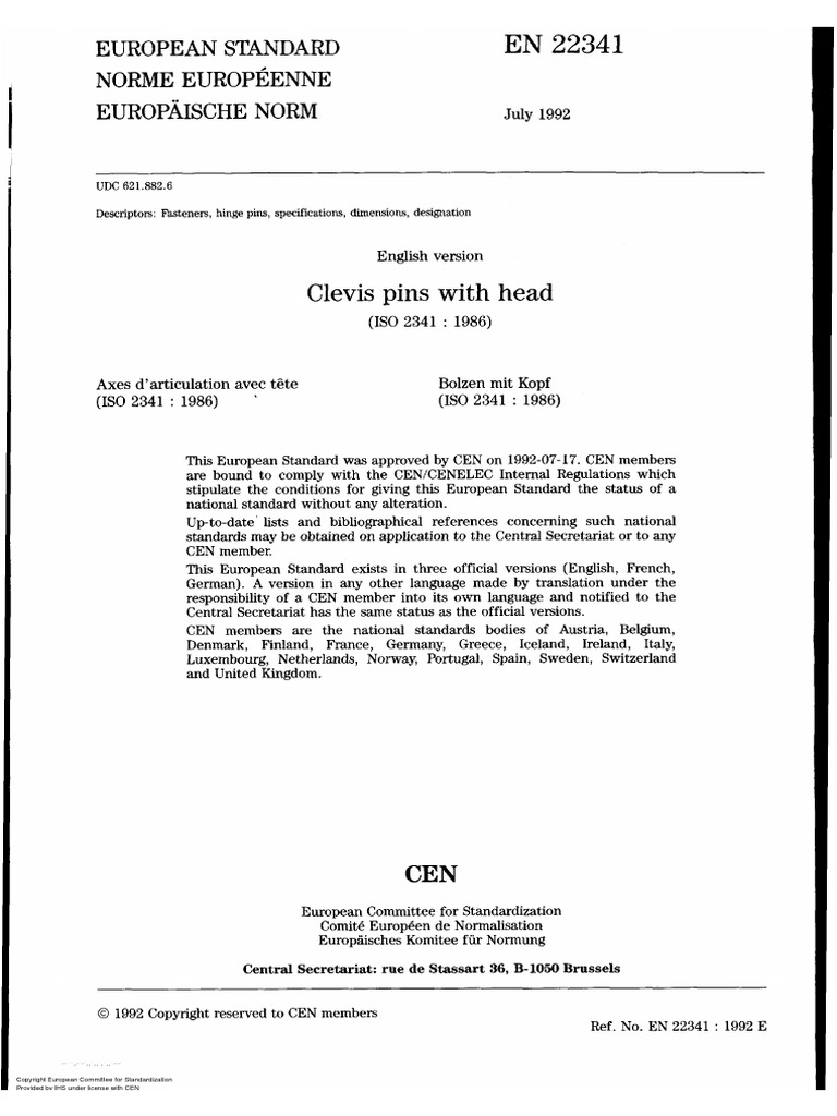ISO 2341-1986 EN 22341-1992 Clevis Pins With Head PDF | PDF | Metals ...