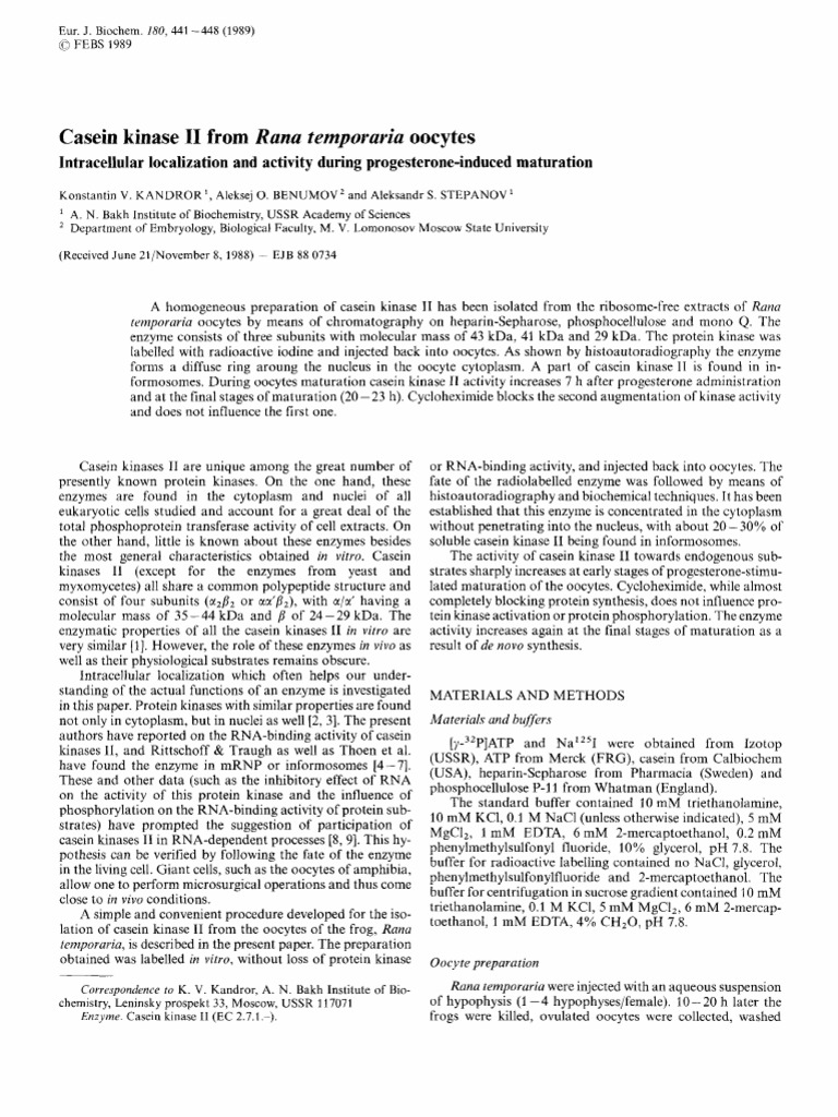 Casein Kinase II From Rana Temporaria Oocytes: Intracellular ...