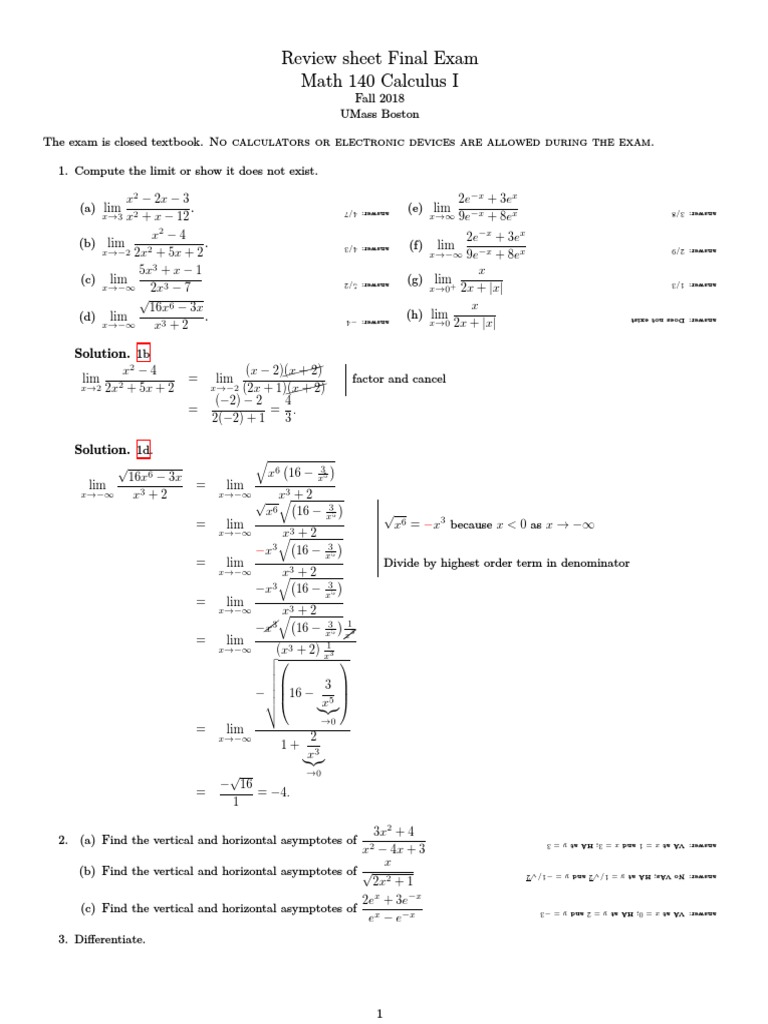 Calc 1 Final Practice | PDF | Integral | Elementary Mathematics