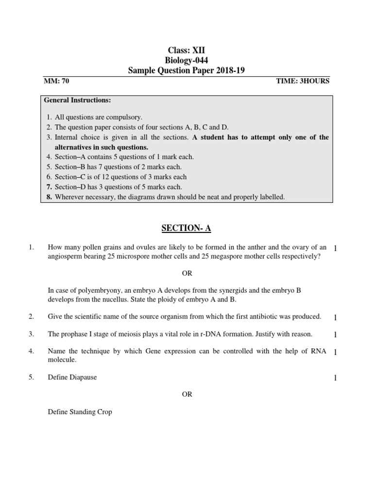 Class: XII Biology-044 Sample Question Paper 2018-19: MM: 70 Time ...