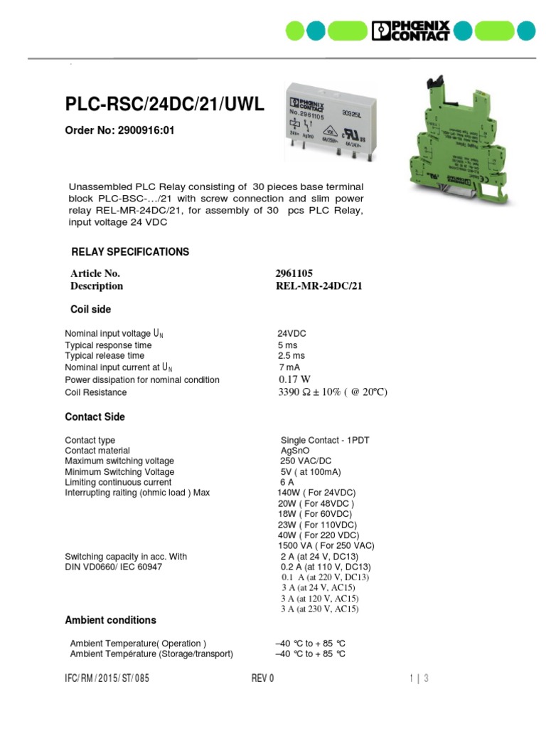 PLC RSC 24DC 21 Uwl | PDF | Relay | Electronic Engineering