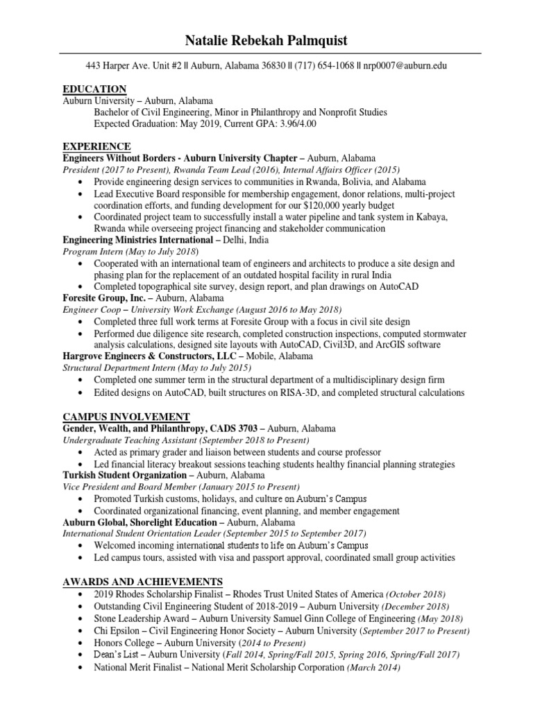 Resume Palmquist Natalie Fall 2018 | PDF | University Of Alabama