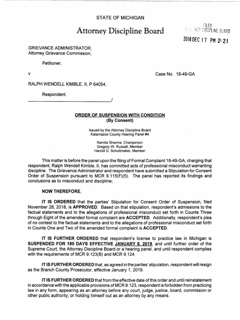 Michigan Attorney Discipline Board Order of Suspension For Ralph Kimble ...
