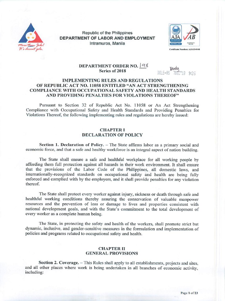 DO 198 IRR of RA 11058 PDF | PDF