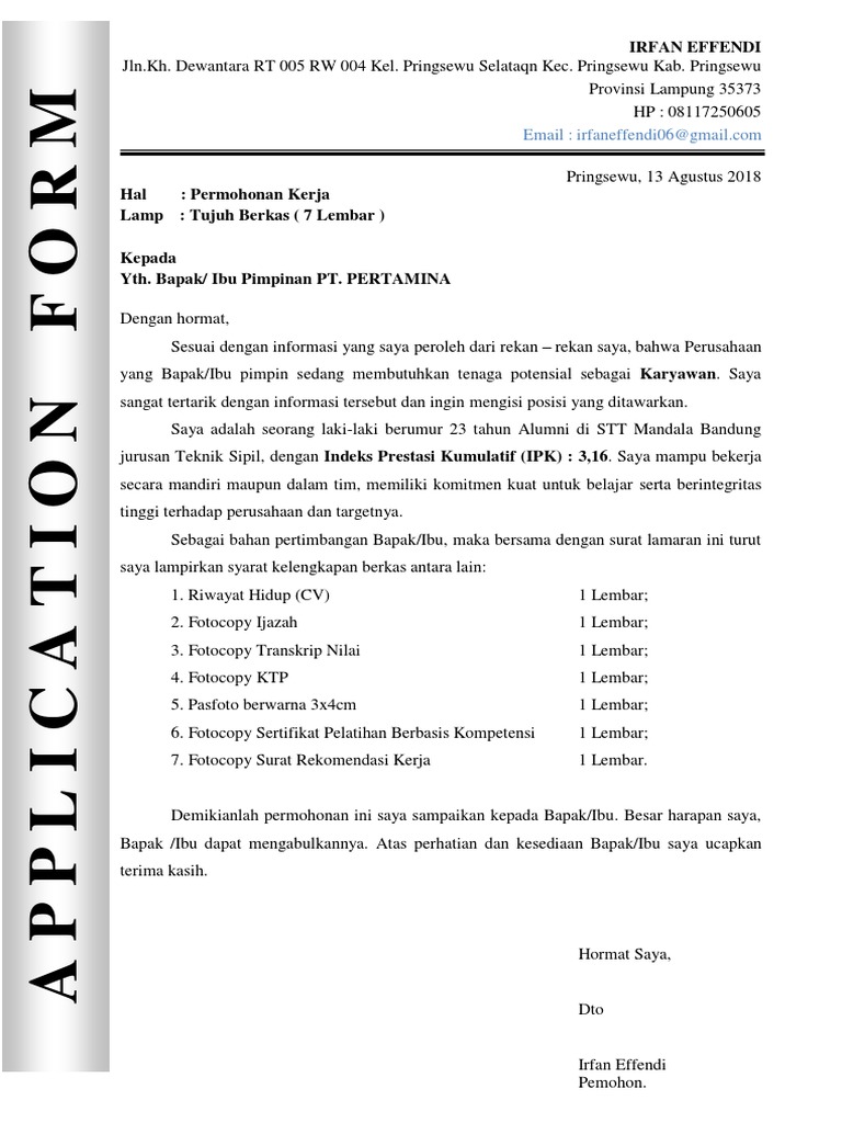 Surat Lamaran CV PT Pertamina | PDF