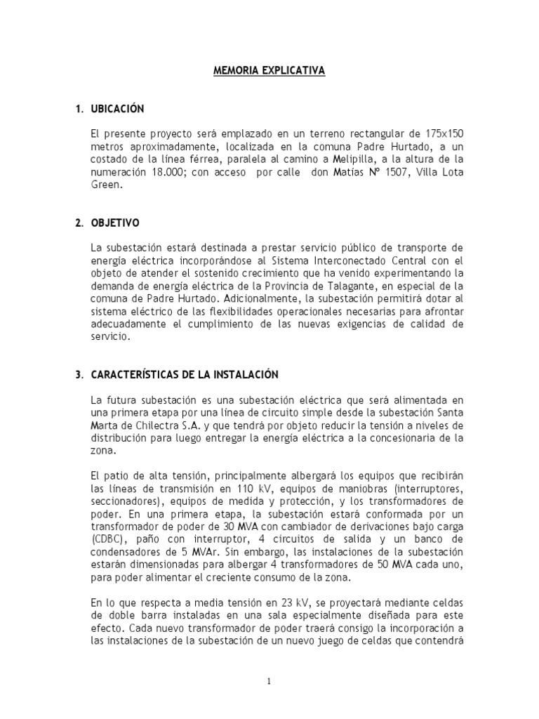 Memoria Explicativa | PDF | Subestacion electrica | Transformador