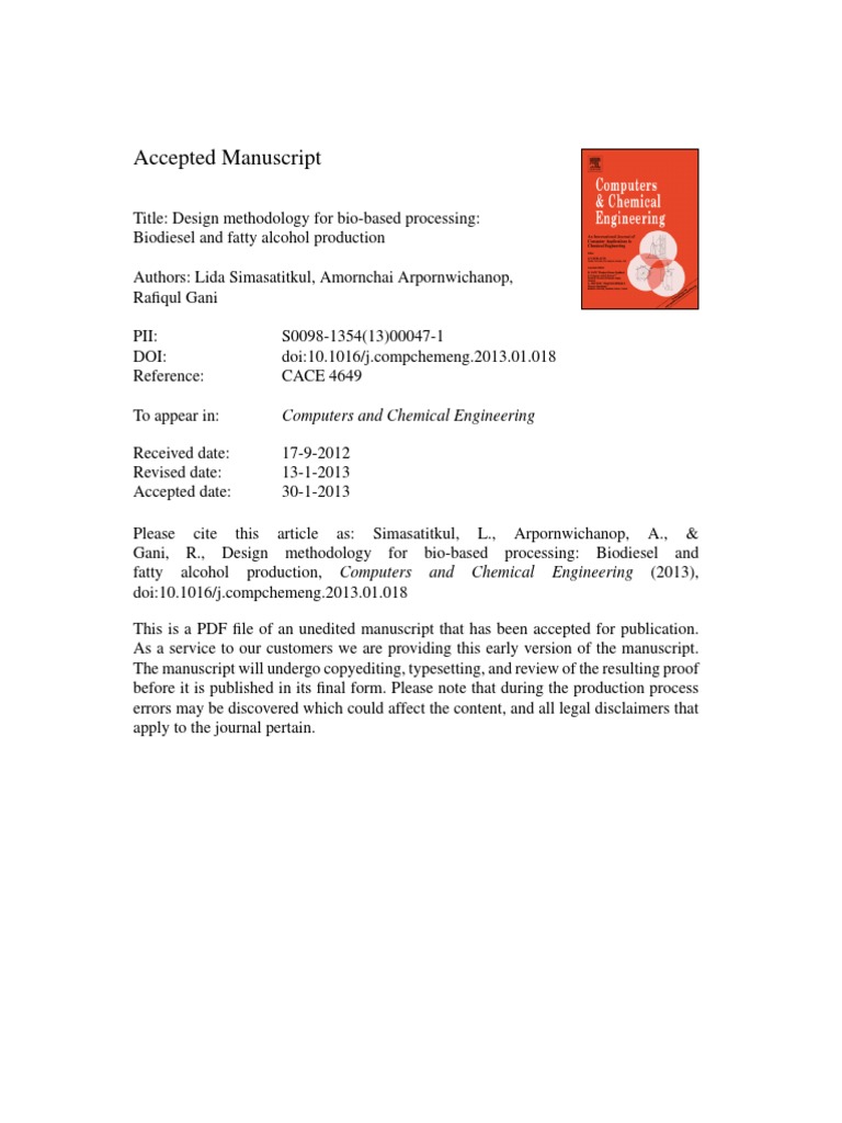 Accepted Manuscript: Computers and Chemical Engineering | PDF | Biodiesel | Chemistry