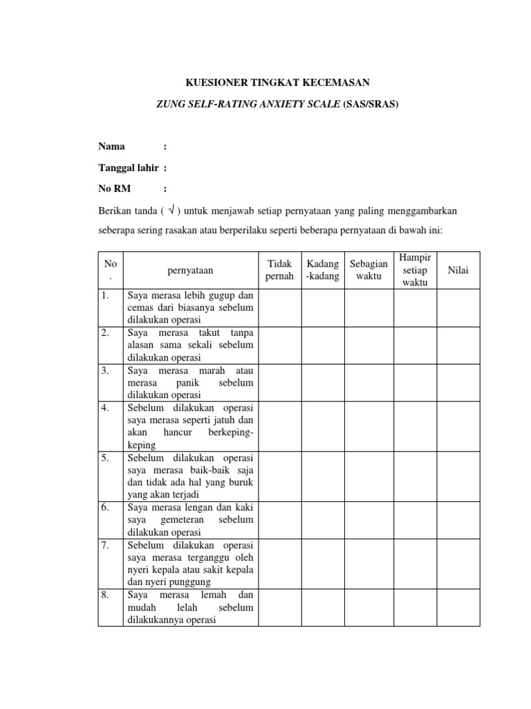 Kuesioner Tingkat Kecemasan Zung Self Rating Anxiety Scale Sas Sras