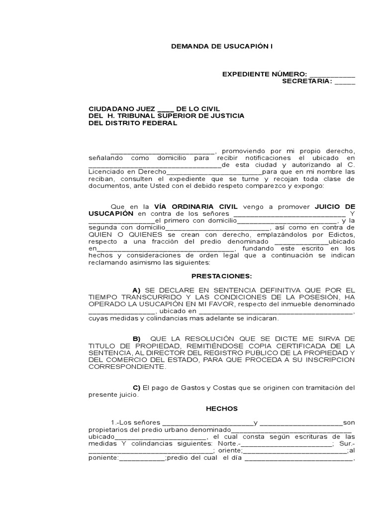 A1demanda de Usucapión I | PDF | Posesión (Ley) | Demanda judicial