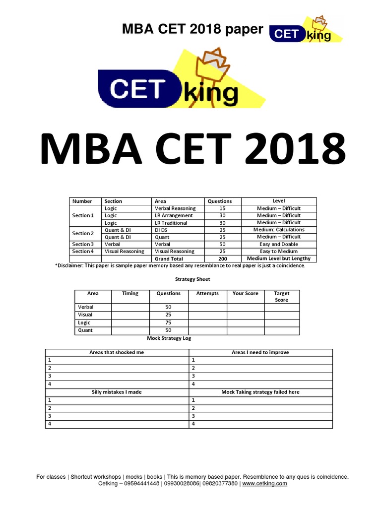 MBA CET 2018 Question Paper MAH MBA MMS DTE With Solution PDF | PDF ...