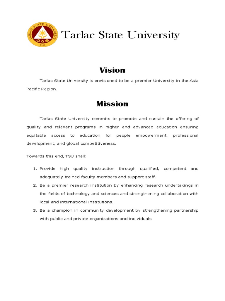 TSU & CBA Mission and Vision | PDF | Business | Entrepreneurship