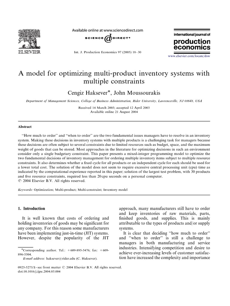 A Model for Optimizing Multi-Product Inventory Systems with Multiple Constraints | PDF ...