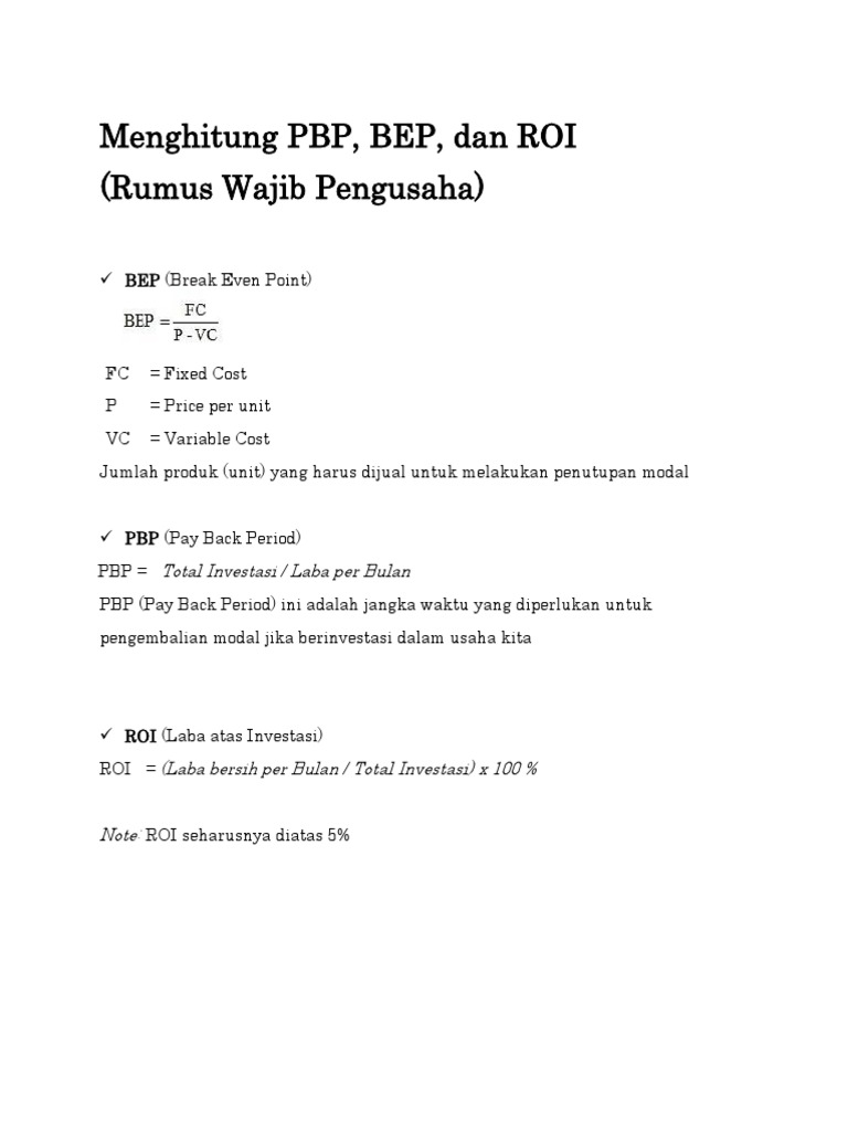Menghitung BEP, PBP, ROI | PDF