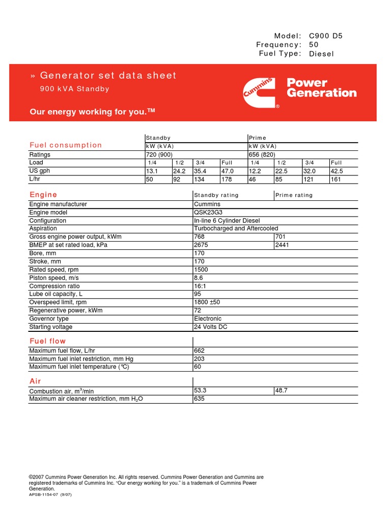 Cummins C900D5 Diesel Generator Data Sheet PDF | PDF | Diesel Engine ...