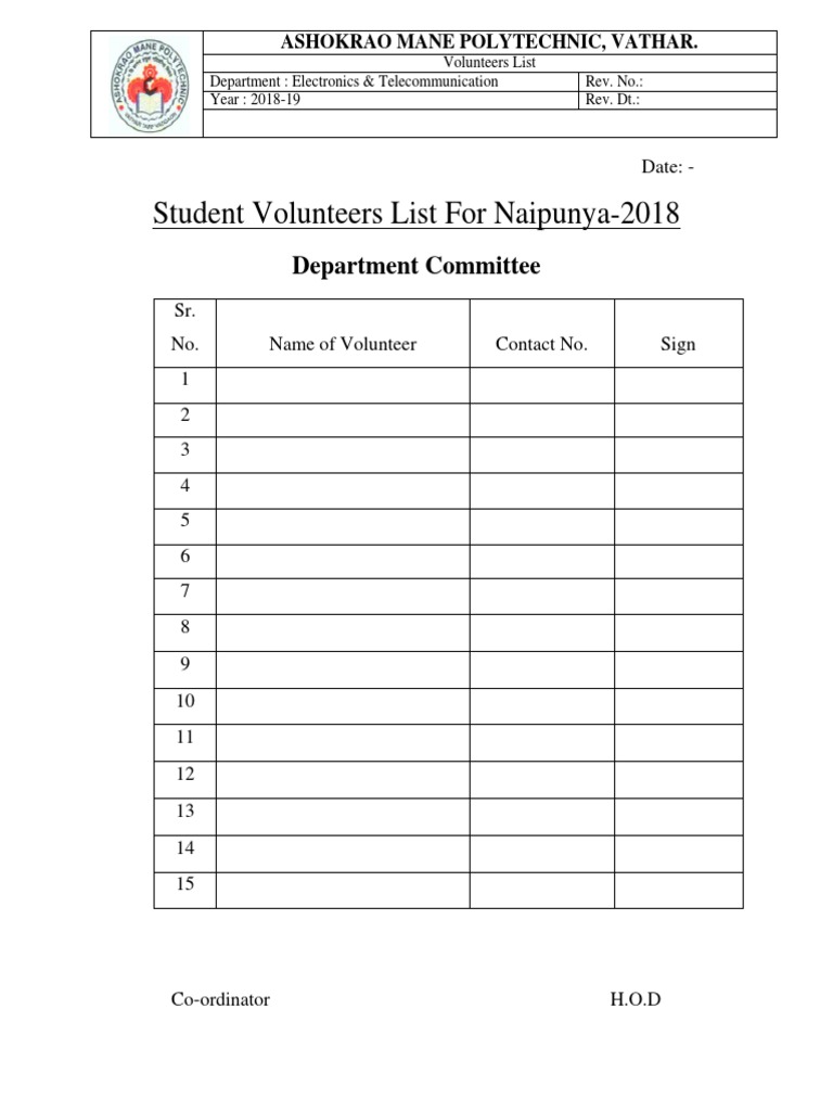 Student Volunteers List For Naipunya-2018: Department Committee | PDF