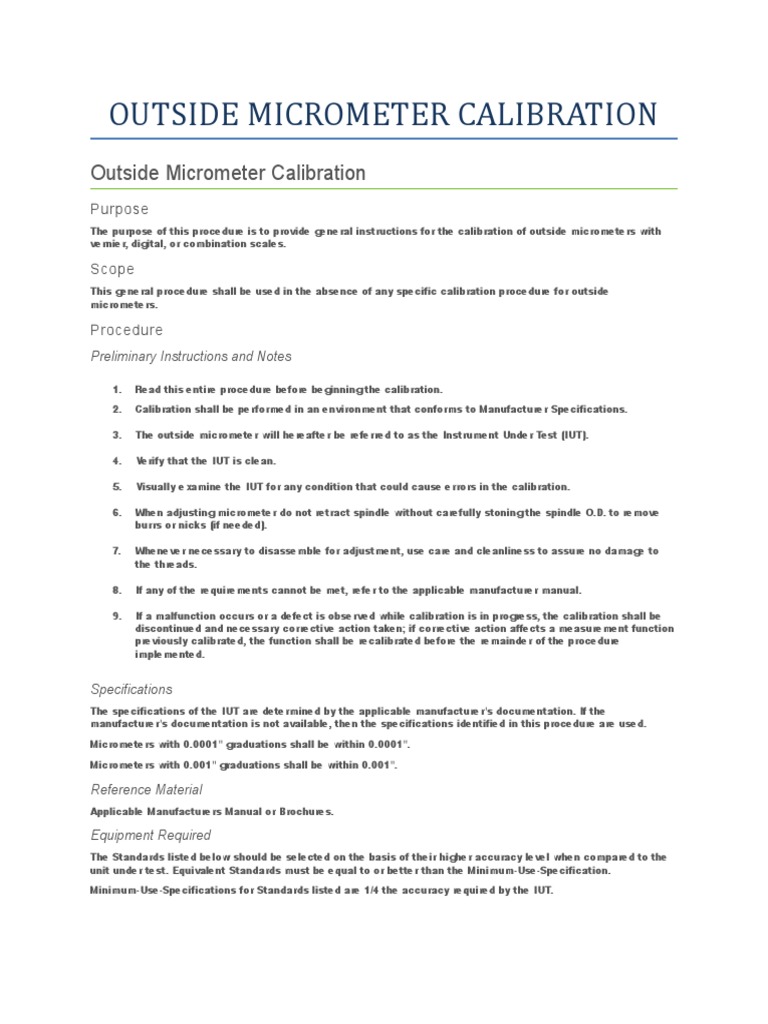 Outside Micrometer Calibration | PDF | Calibration | Tools