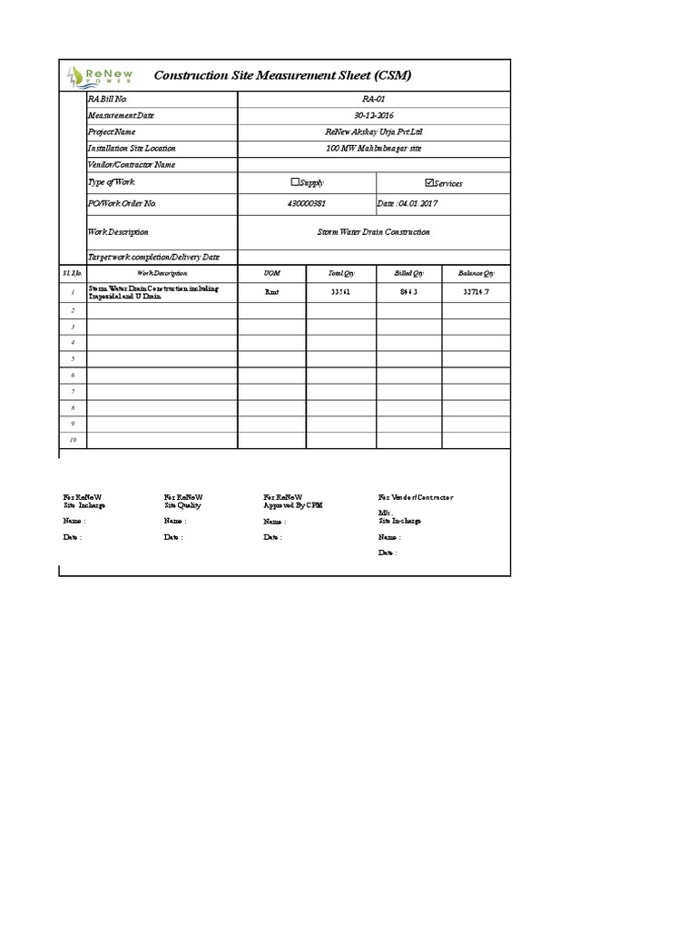 Construction Site Measurement Sheet | PDF
