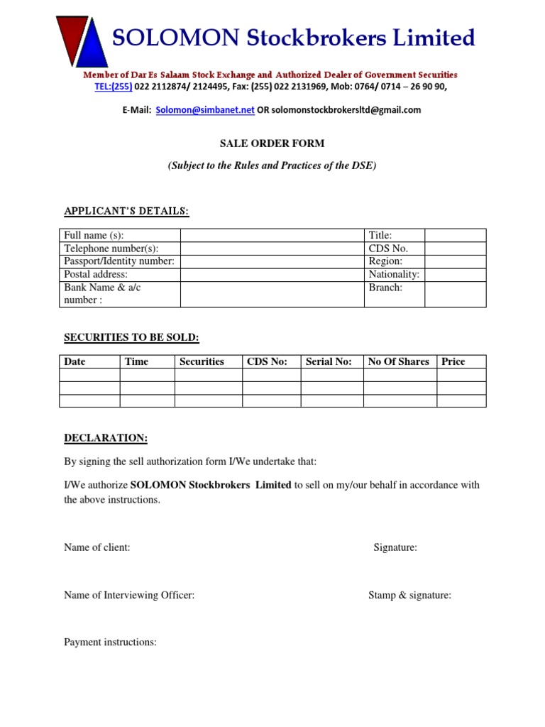 SOLOMON Stockbrokers Limited: Sale Order Form | PDF