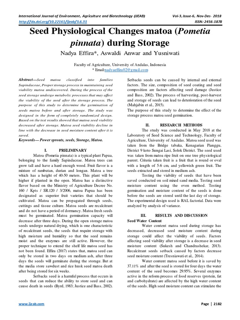 Seed Physiological Changes Matoa (Pometia Pinnata) During Storage ...