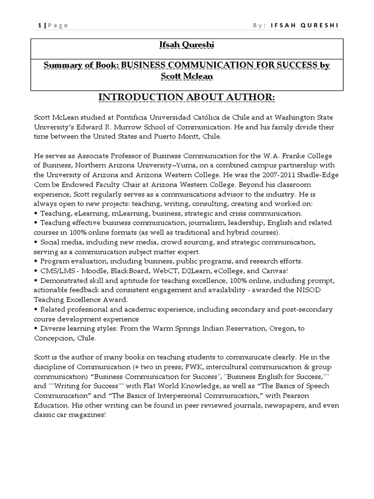 Summary of Book: BUSINESS COMMUNICATION FOR SUCCESS by Scott Mclean ...