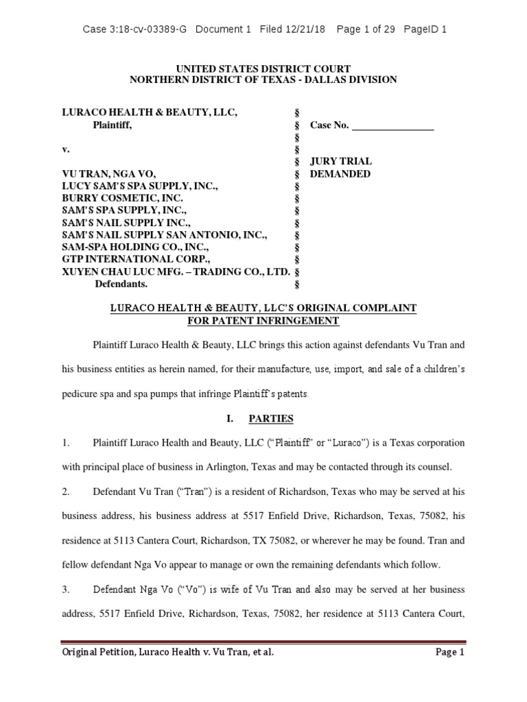 Luraco Health Patent Infringement Case | PDF | Pump | Patent