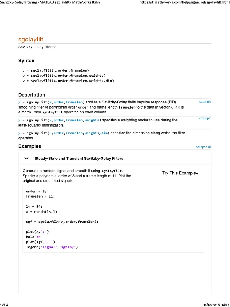 Savitzky-Golay Filtering - MATLAB Sgolayfilt - MathWorks Italia | PDF ...