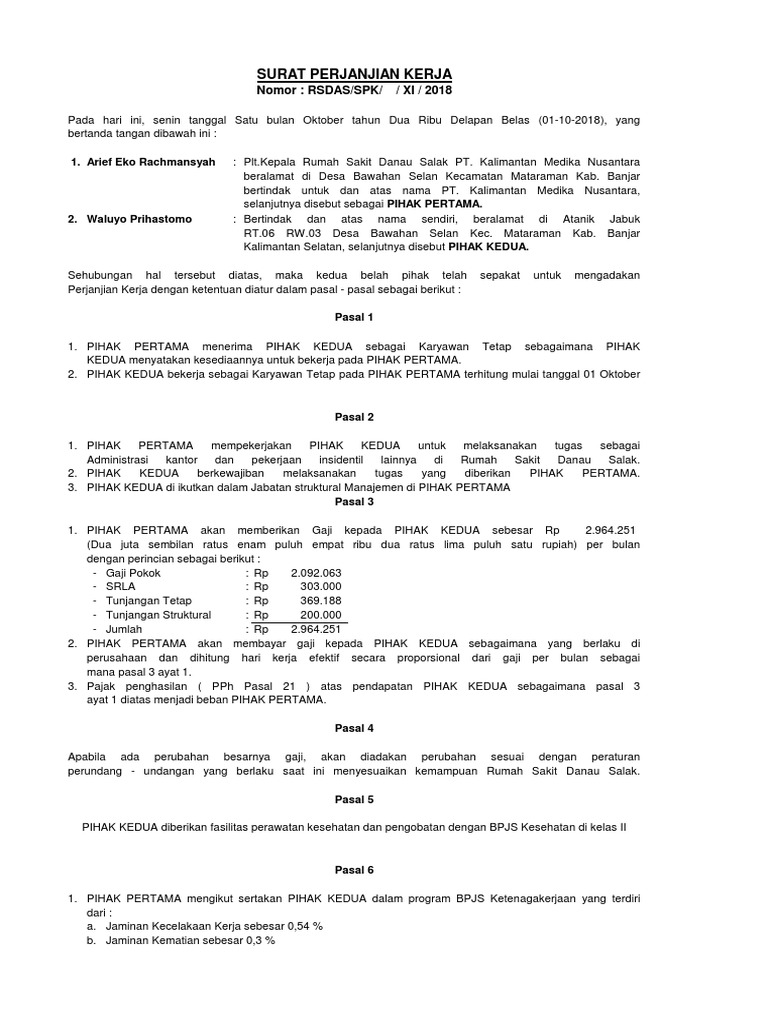 Surat Perjanjian Kerja PKWT | PDF