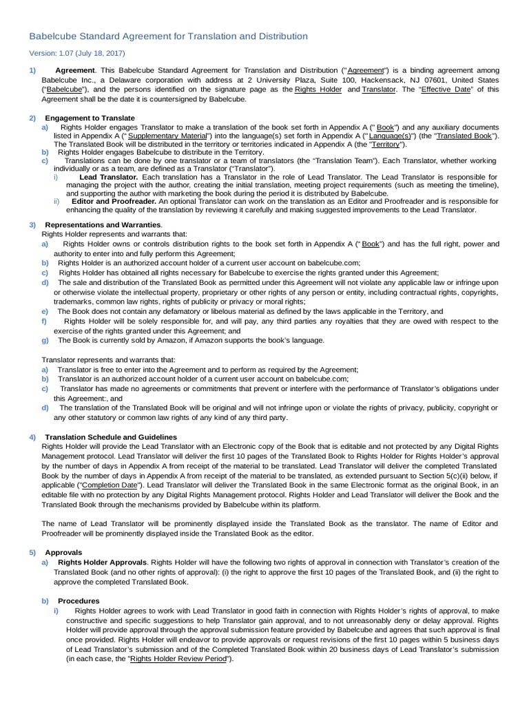 Translation and Distribution Agreement PDF | PDF | Royalty Payment ...