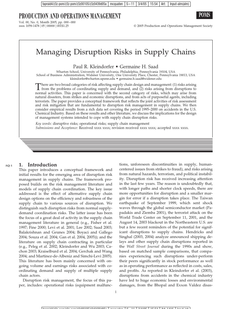 Managing Disruption Risks in Supply Chain MGT | Download Free PDF ...