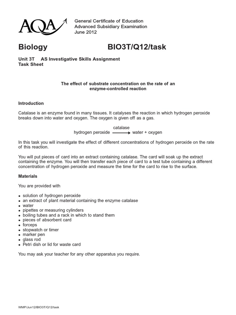 BIO3T-Q12-Task Sheet PDF | PDF | Catalase | Substrate (Chemistry)