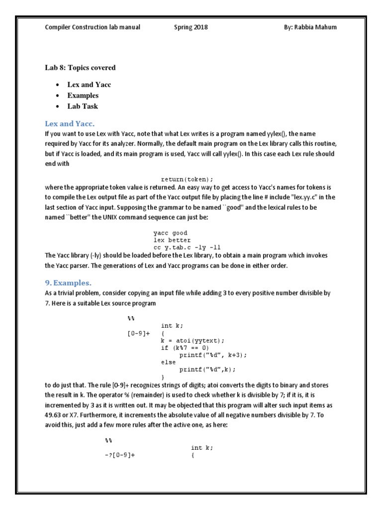 Lex And Yacc Examples Lab Task Pdf C Programming Language Theoretical Computer Science 