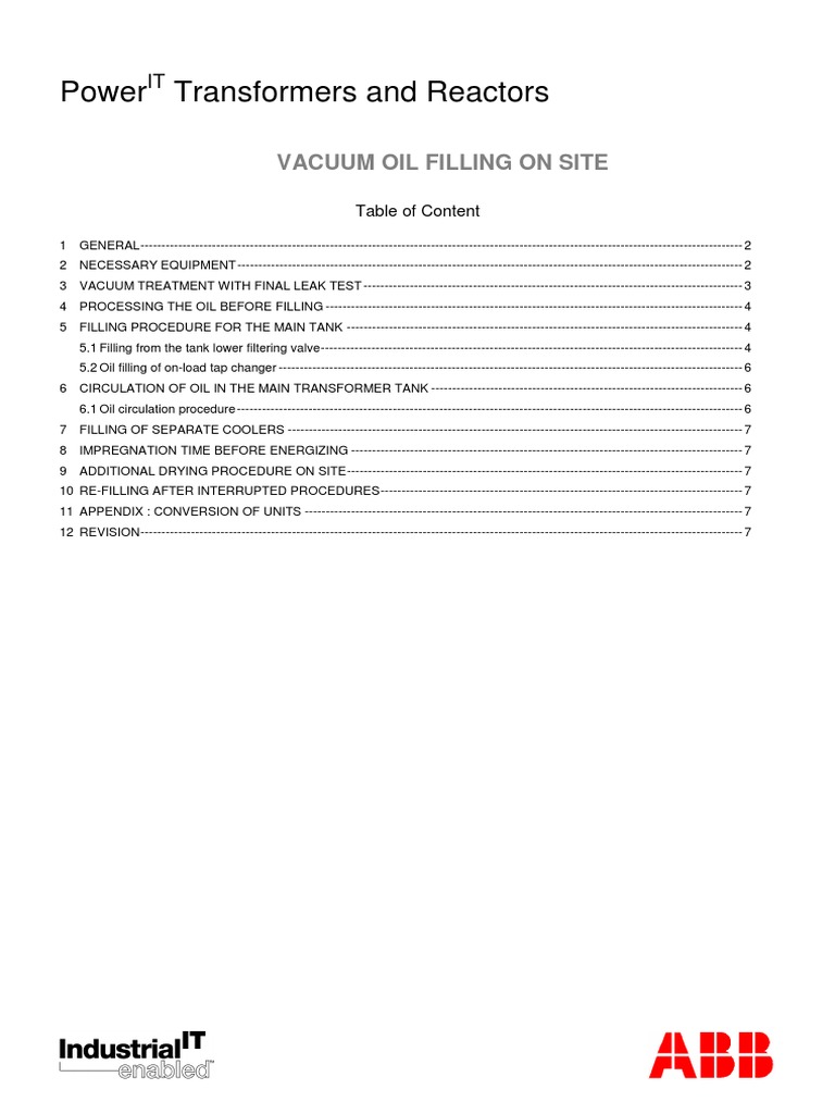 ABB Oil Filling Method of Statement | PDF | Vacuum | Transformer