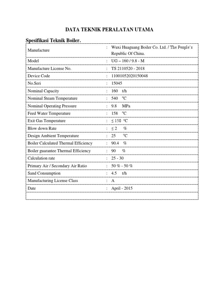 Data Teknik Peralatan Utama | PDF | Steam | Boiler