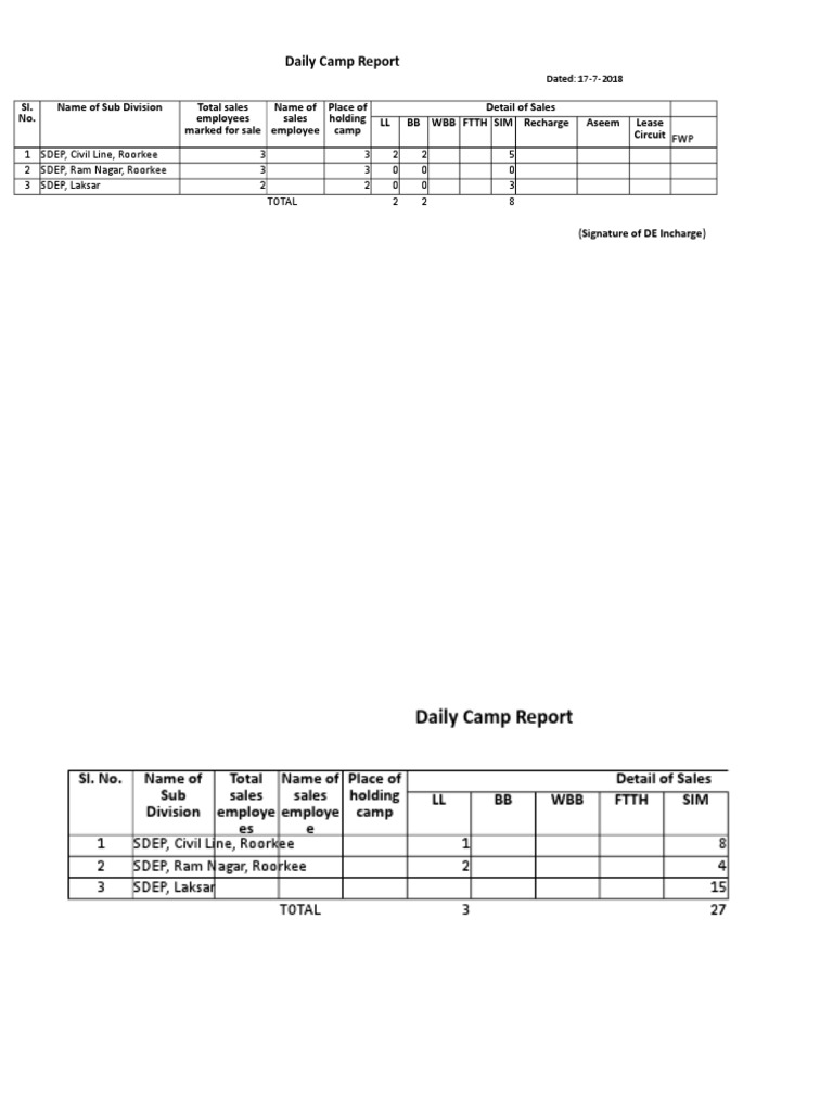 Daily Camp Report 1 | PDF