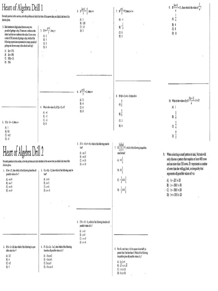 SAT Heart of Algebra Practice Test I 1 - 8 | PDF | Science | Teaching ...
