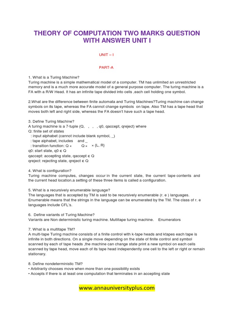 Theory Of Computation Two Marks Question With Answer Unit I Pdf Theory Of Computation