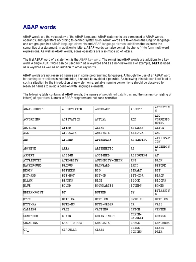 ABAP Words: ABAP Language Elements ABAP Language Element Additions | PDF | Reserved Word | Word