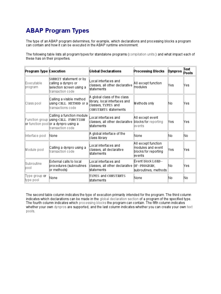 ABAP Program Types | PDF | Subroutine | Class (Computer Programming)