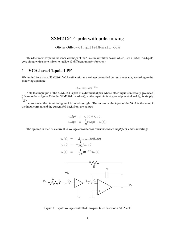 SSM2164 4-Pole With Pole-Mixing: 1 VCA-based 1-Pole LPF | PDF ...