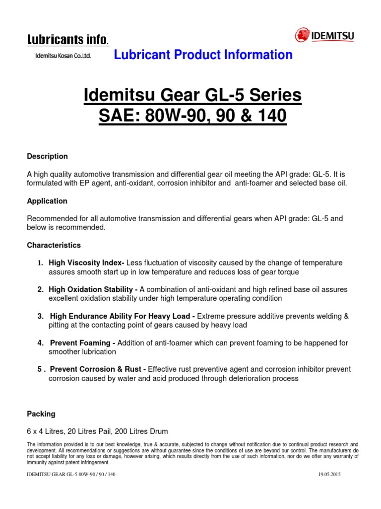 Idemitsu Gear Series GL 5 80W 90 90 140 PDF | PDF | Materials ...
