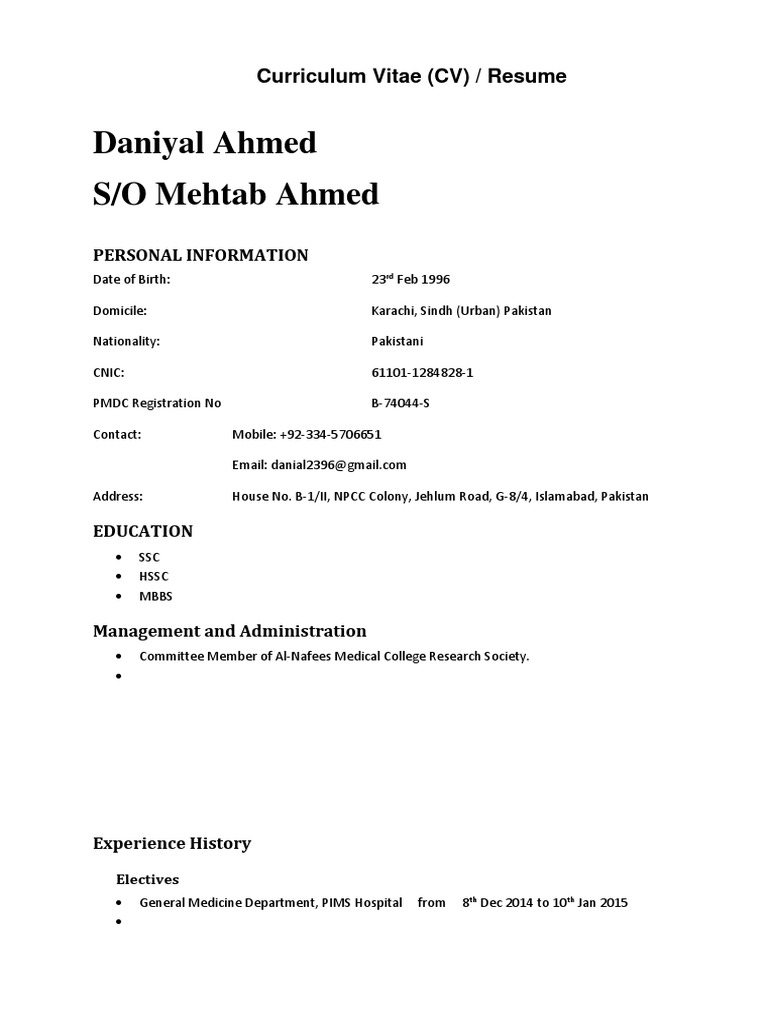 Daniyal Ahmed S/O Mehtab Ahmed: Curriculum Vitae (CV) / Resume | PDF