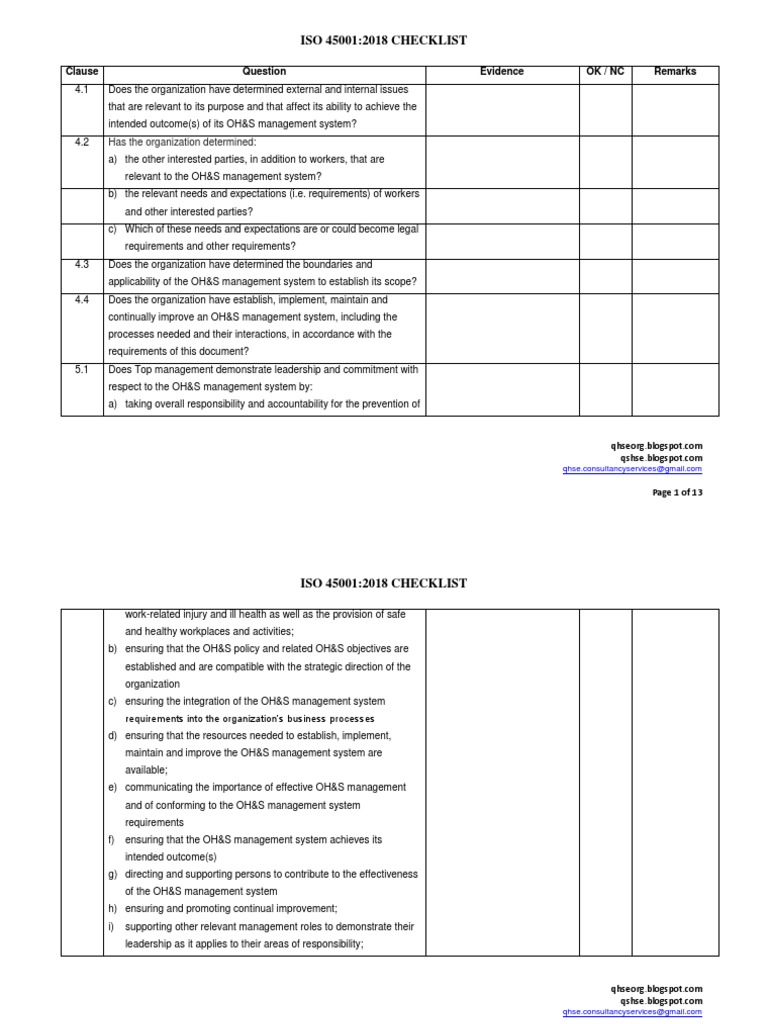 Iso 450012018 Checklist | PDF | Competence (Human Resources) | Business ...