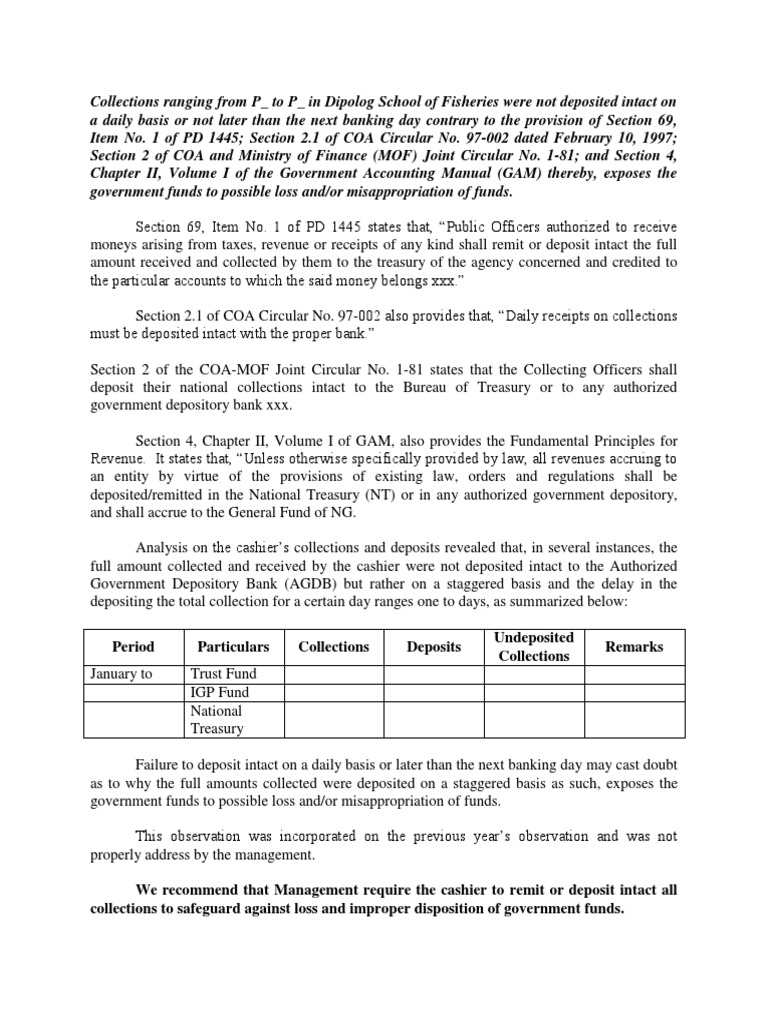 Period Particulars Collections Deposits Undeposited Collections Remarks ...