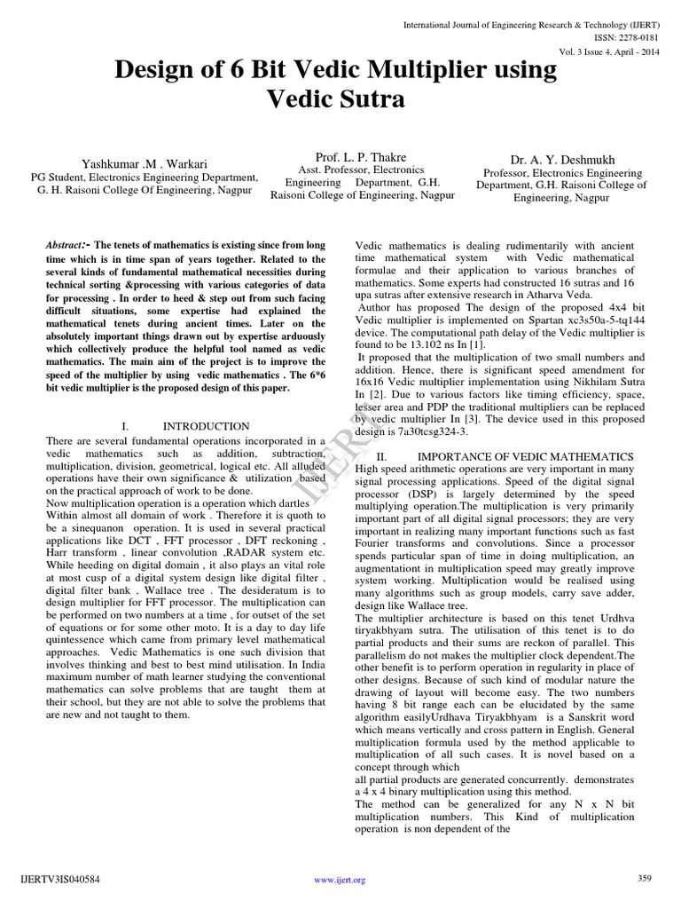 Ijert Ijert: Design of 6 Bit Vedic Multiplier Using Vedic Sutra | PDF | Digital Signal ...