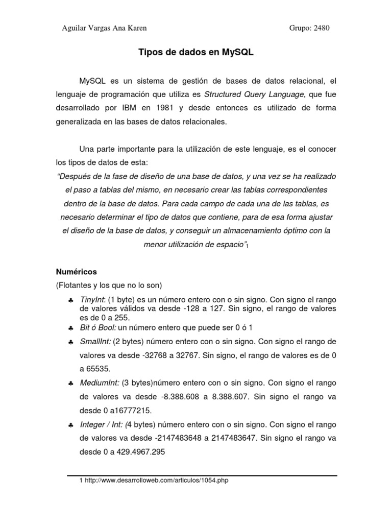 Tipos de Datos en MySQL (Tarea) | PDF | Byte | Tipo de datos